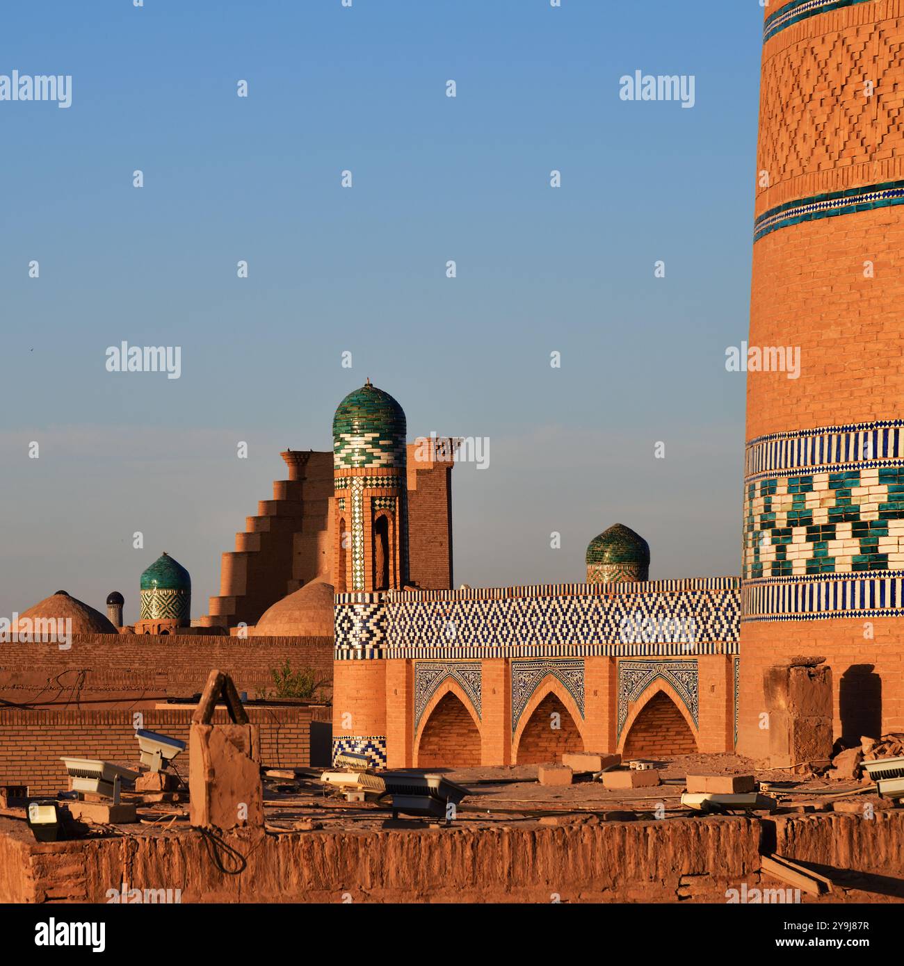 Cityscape in Ichan Kala at sunset time, ancient inner town of the old ...