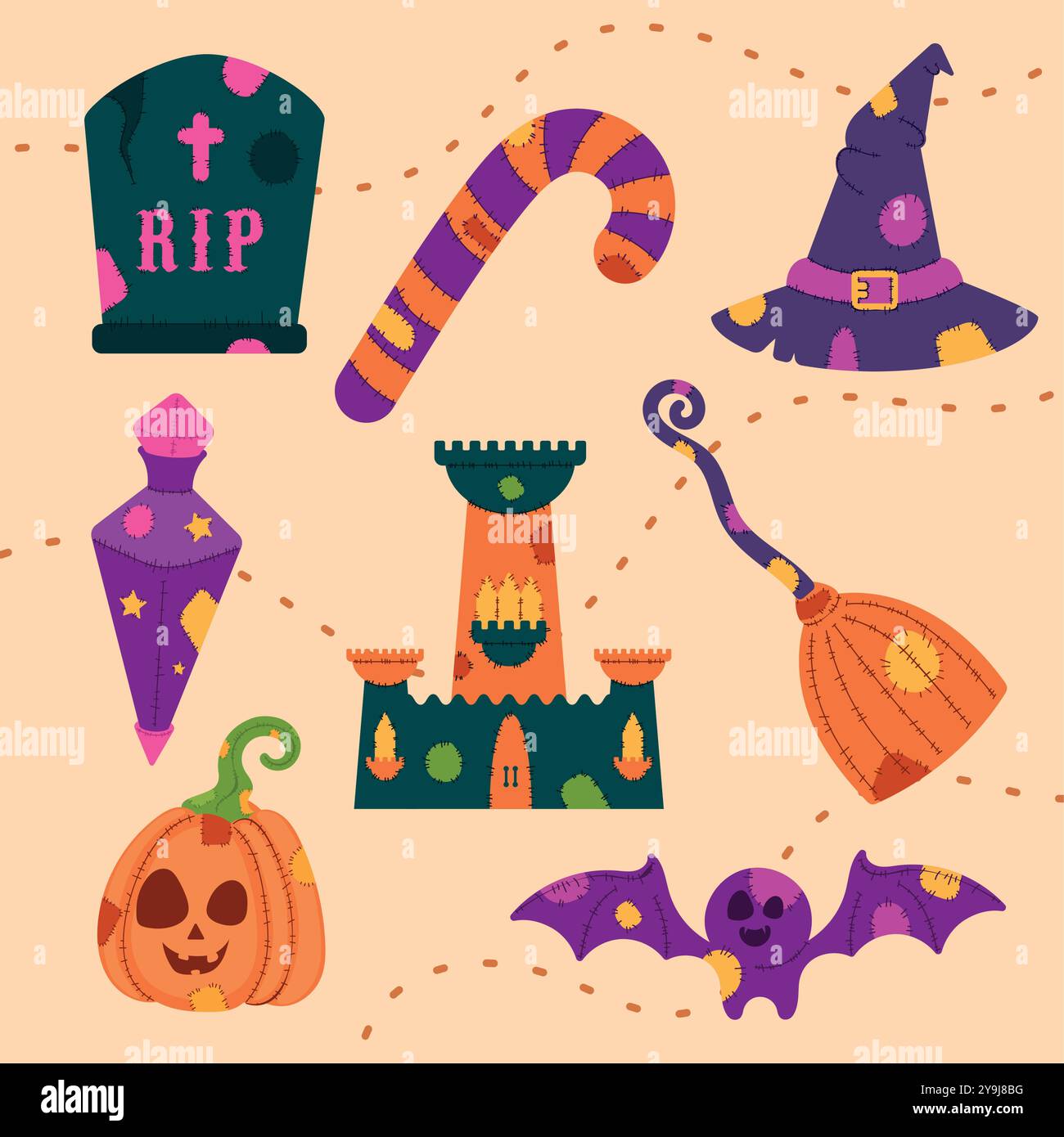 Colorful Halloween pattern featuring pumpkins, witch hats, candy canes ...