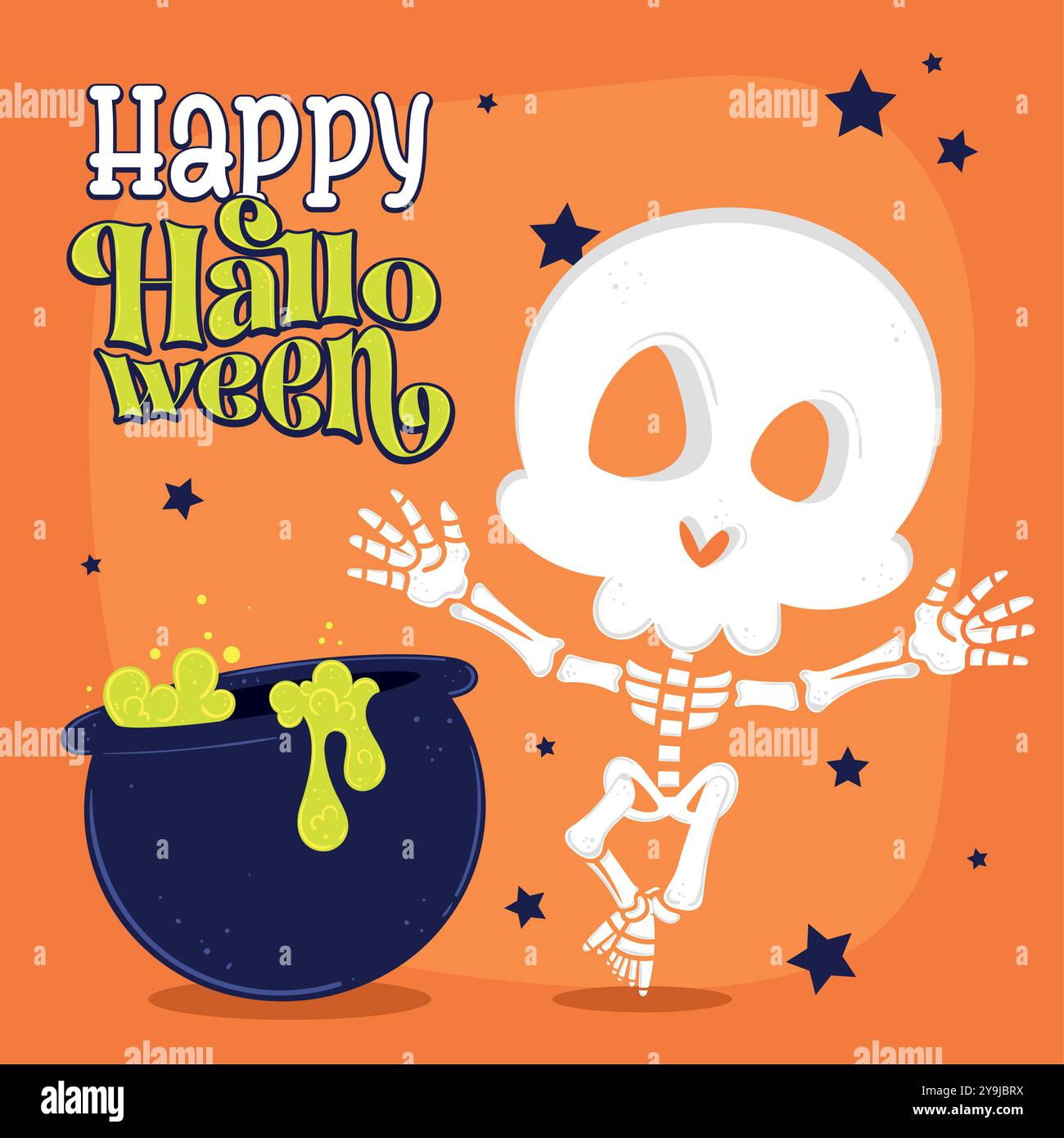 Cute Halloween skeleton dancing near cauldron, Vector Stock Vector ...