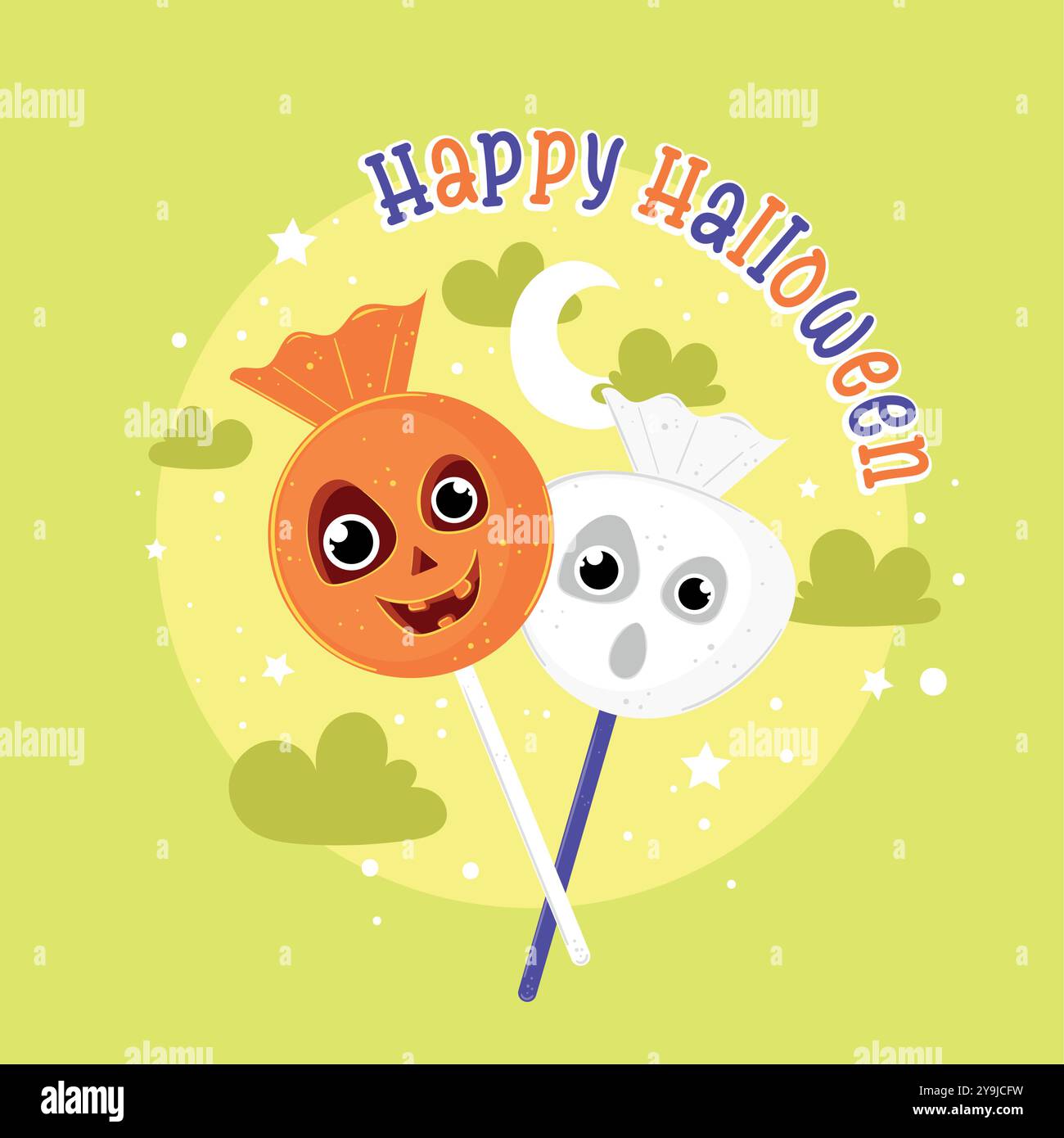 Pumpkin and ghost lollipops with Happy Halloween text, Vector Stock ...