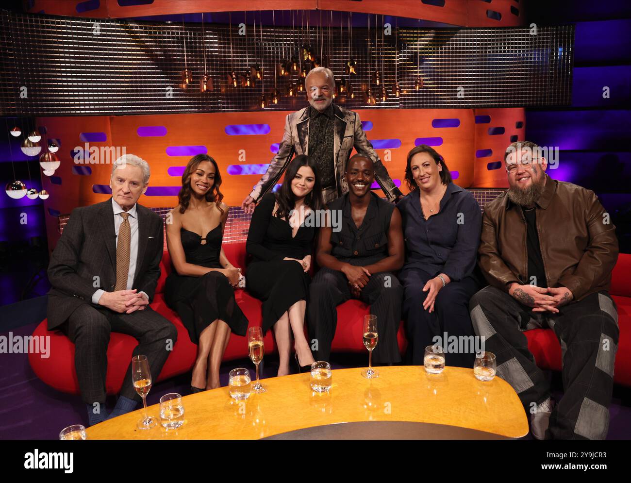 EDITORIAL USE ONLY Host Graham Norton with (seated left to right) Kevin Kline, Zoe Saldana ...
