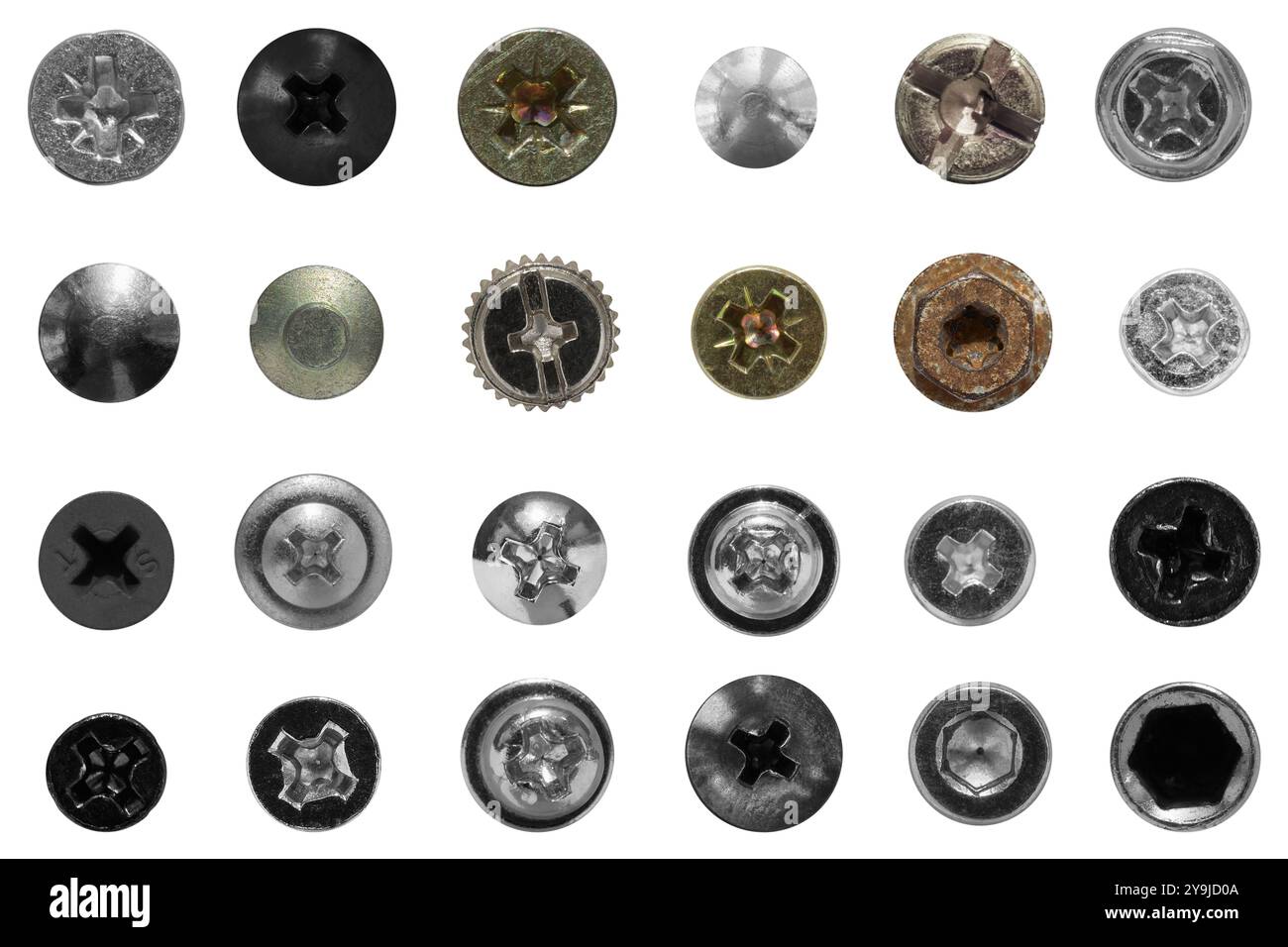 Top view of a neatly laid out collection of heads of screws, bolts and ...