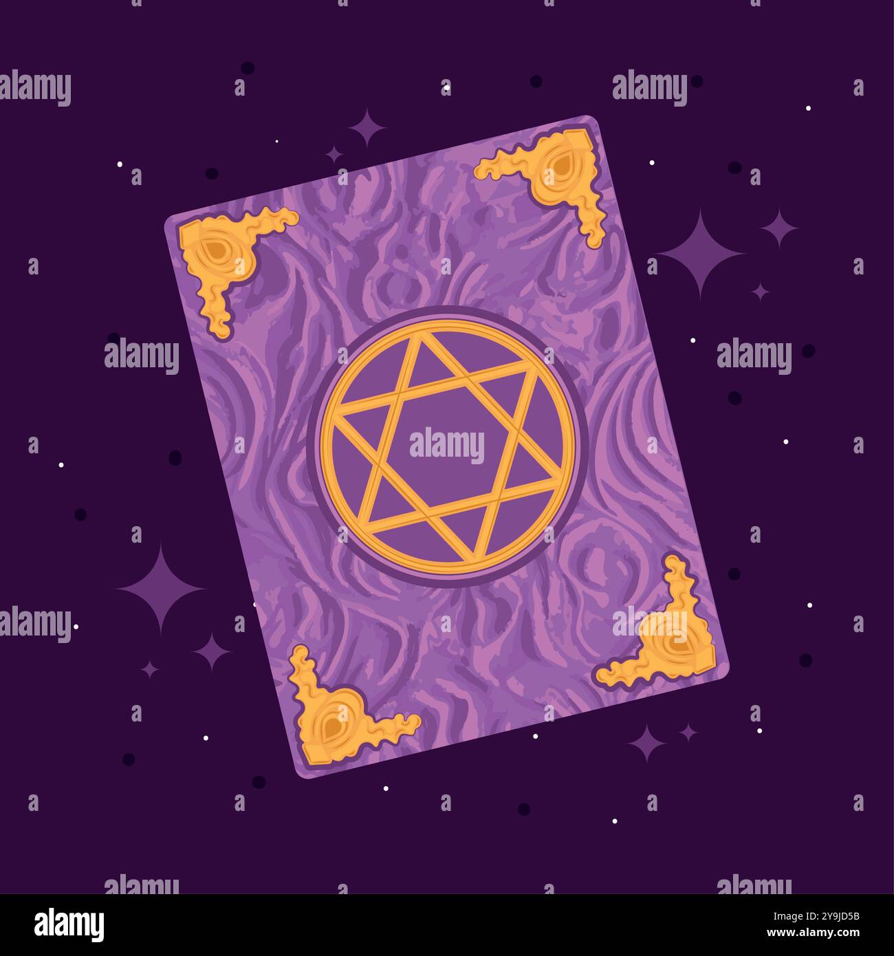Purple magic book with golden pentagram on starry background, Vector ...