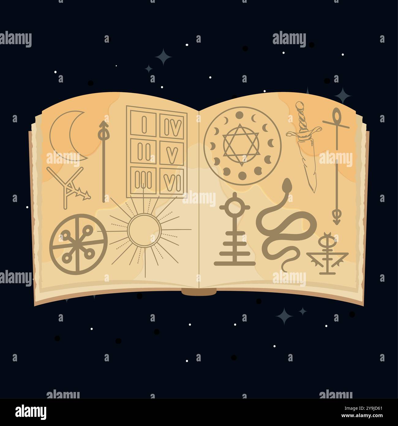 Open spell book with mystical symbols and dark background, Vector Stock ...