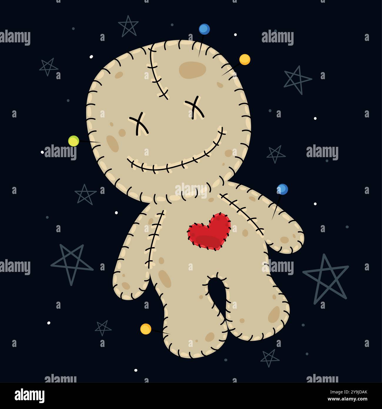 Cute voodoo doll with heart and stitches on dark background, Vector ...