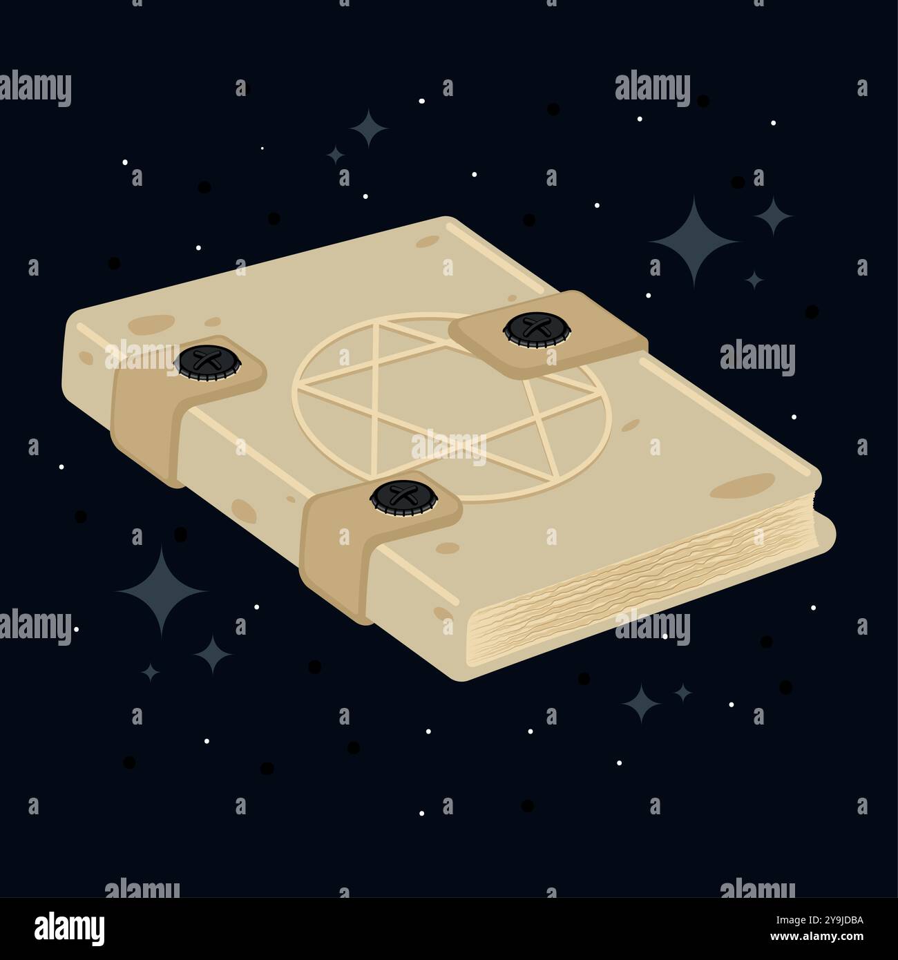 Mysterious spell book with pentagram on dark starry background, Vector ...