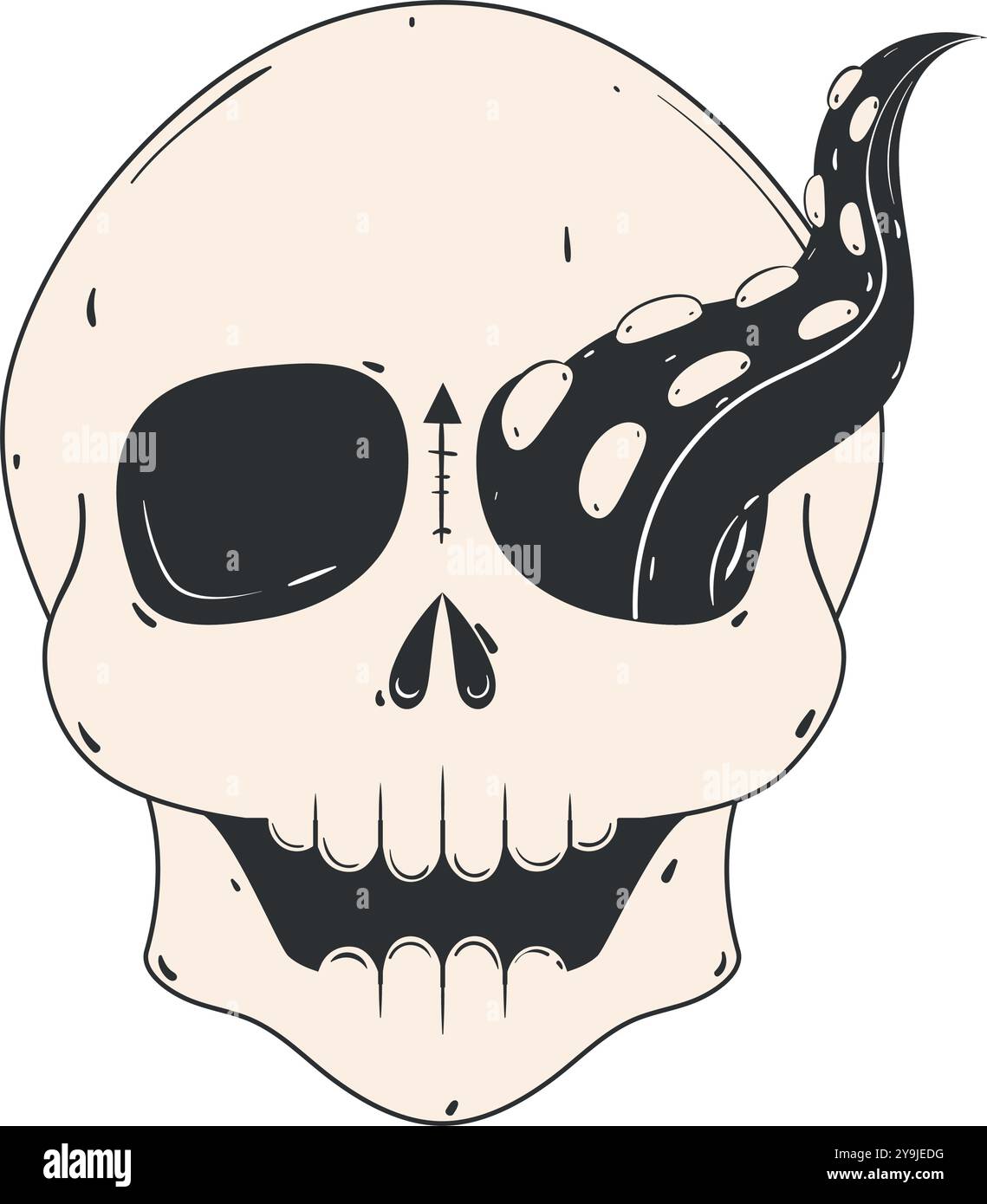 Skull with tentacle coming out of eye socket, black and white, Vector ...
