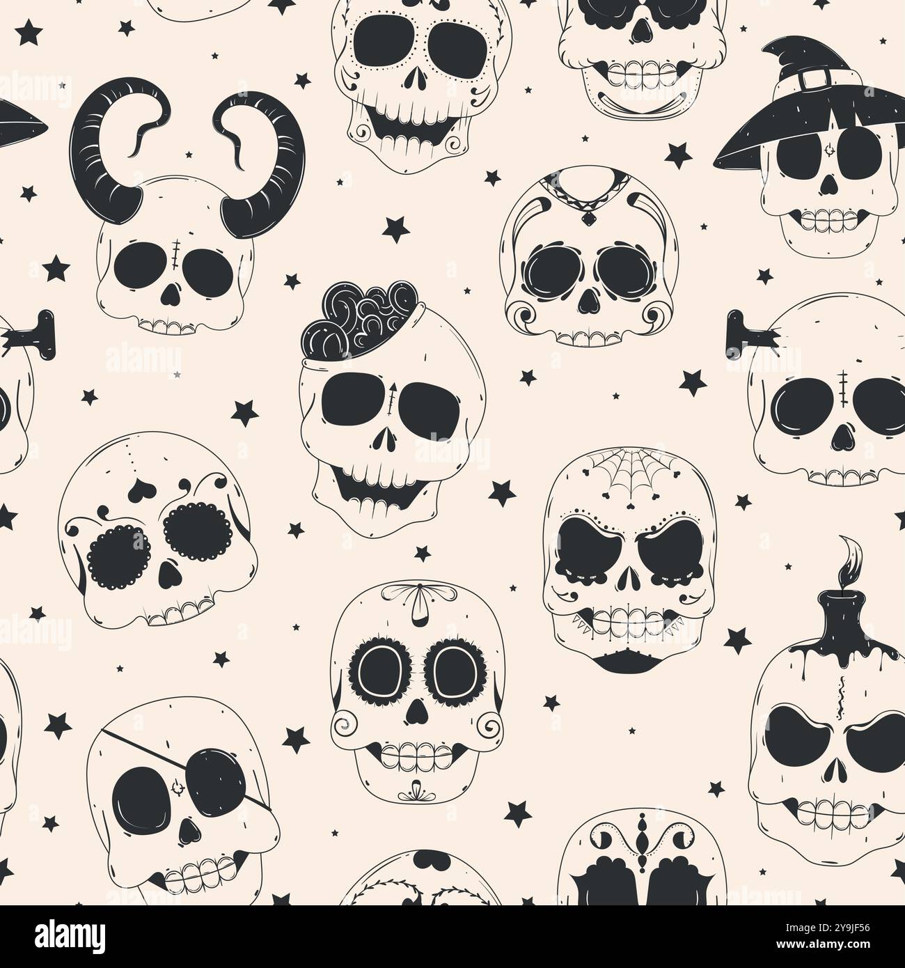 Halloween skull pattern with spooky and decorative designs, Vector ...