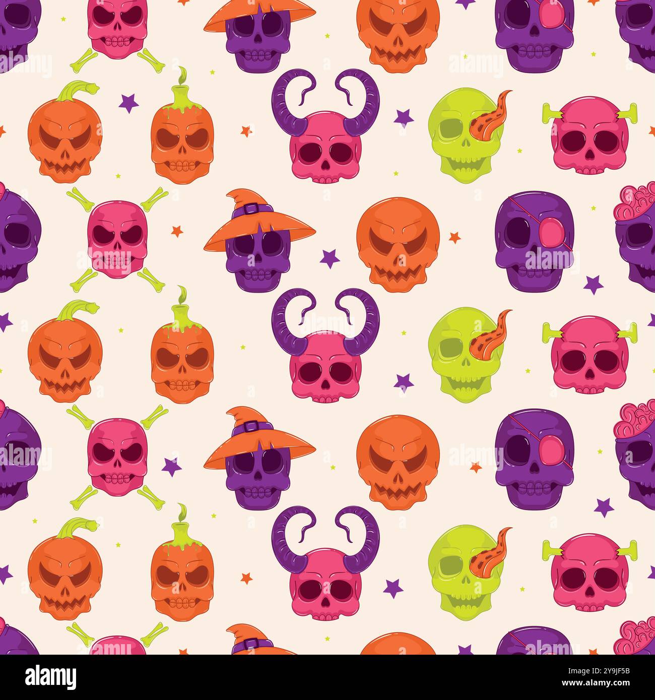 Halloween skull pattern with spooky and decorative designs, Vector ...
