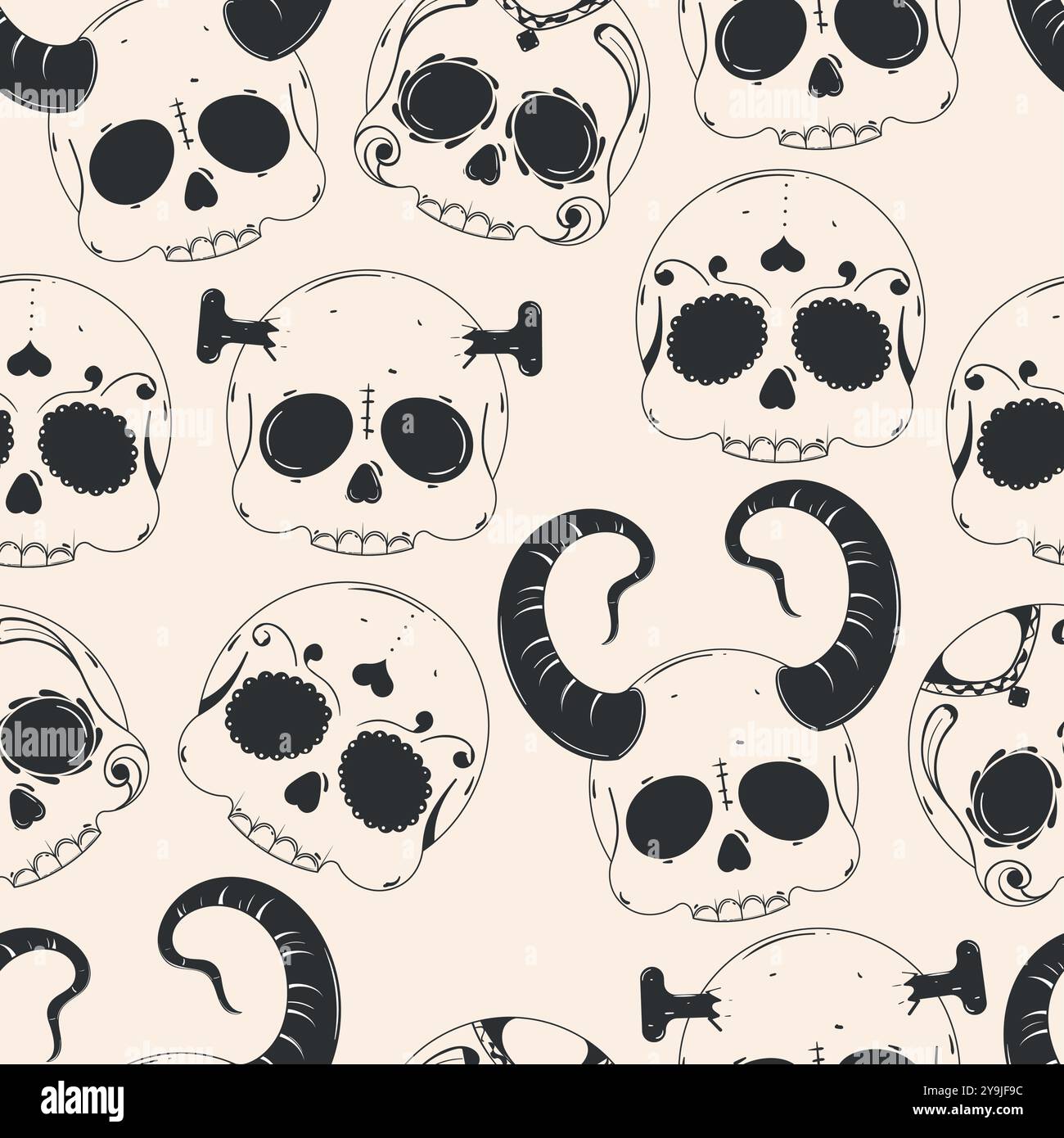 Halloween skull pattern with spooky and decorative designs, Vector ...