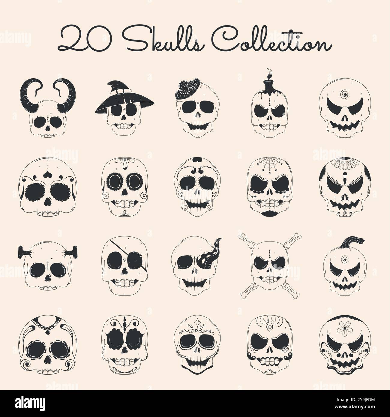 Collection of unique skull designs in black and white, Vector Stock ...