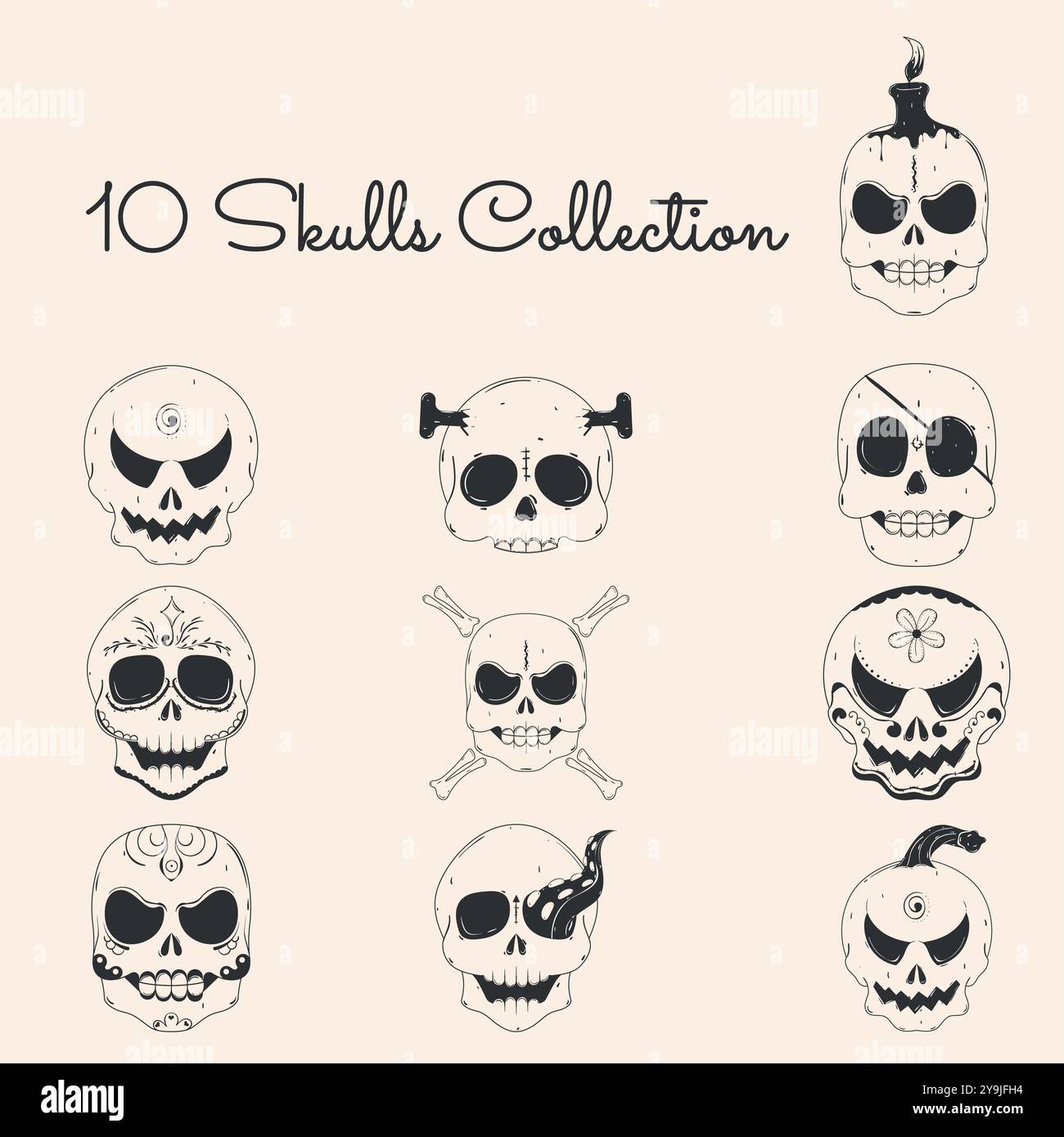 Collection of unique skull designs in black and white, Vector Stock ...