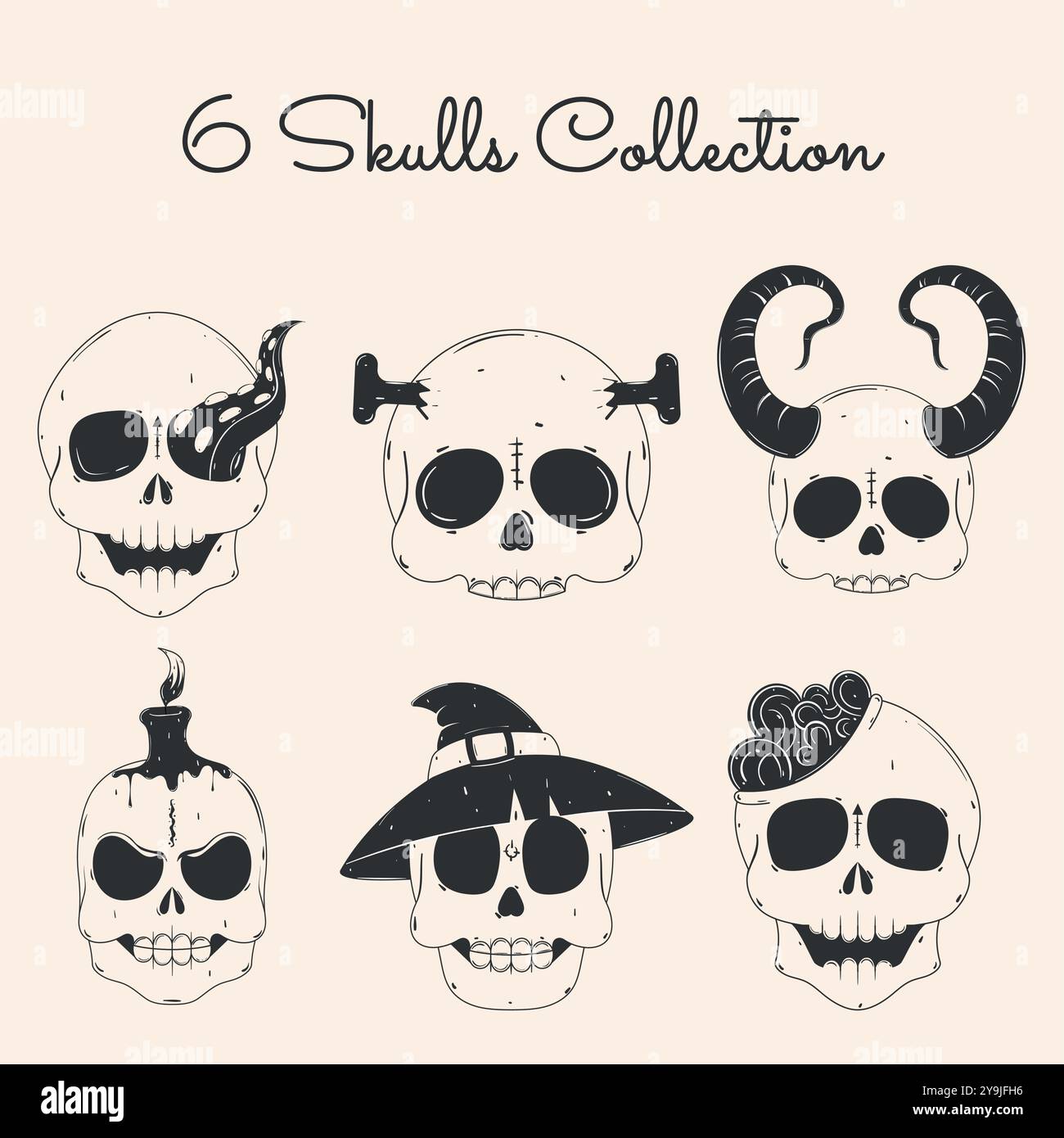 Collection of unique skull designs in black and white, Vector Stock ...