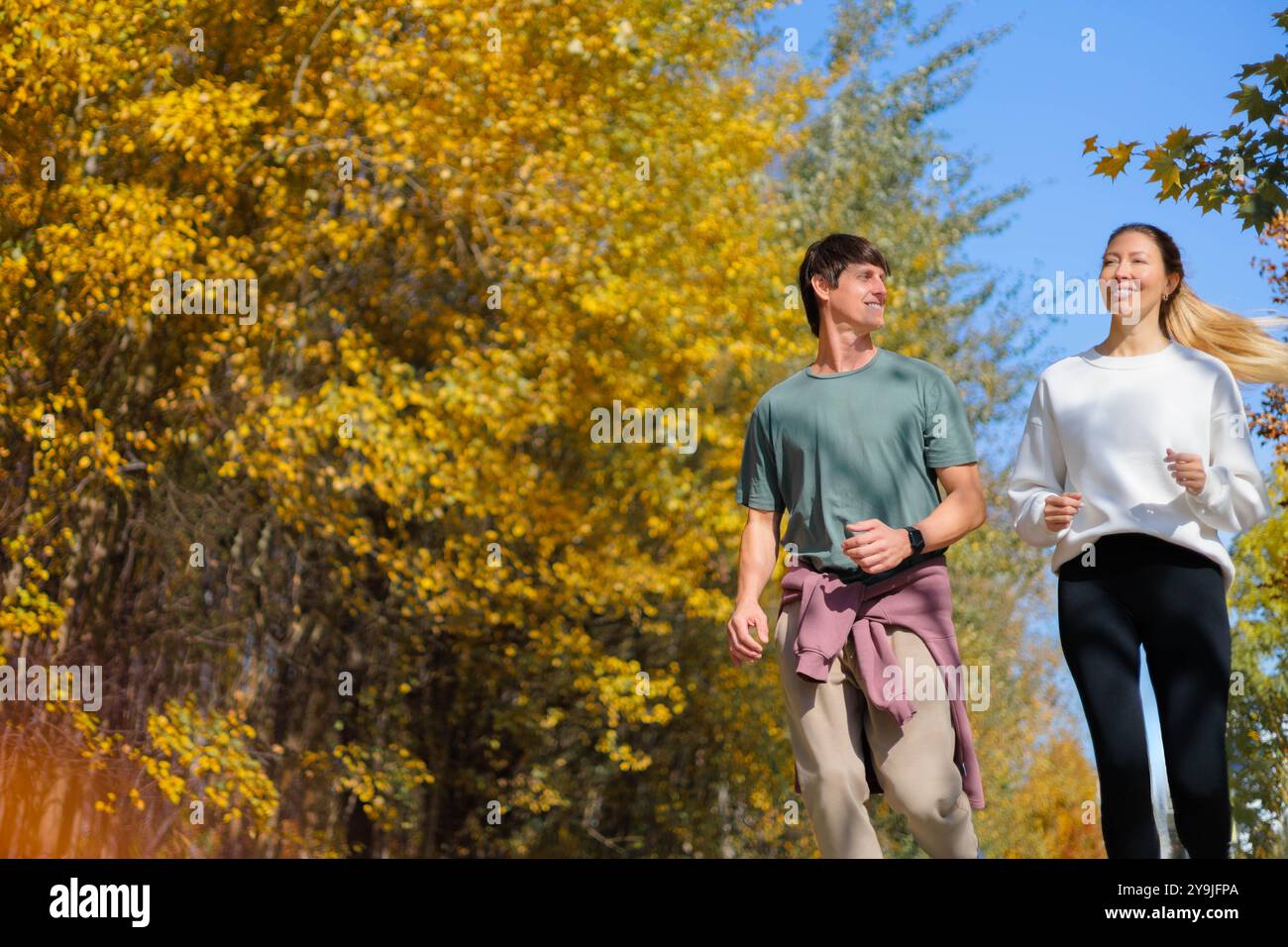 Full body profile couple young two friends strong athletic sportswoman ...