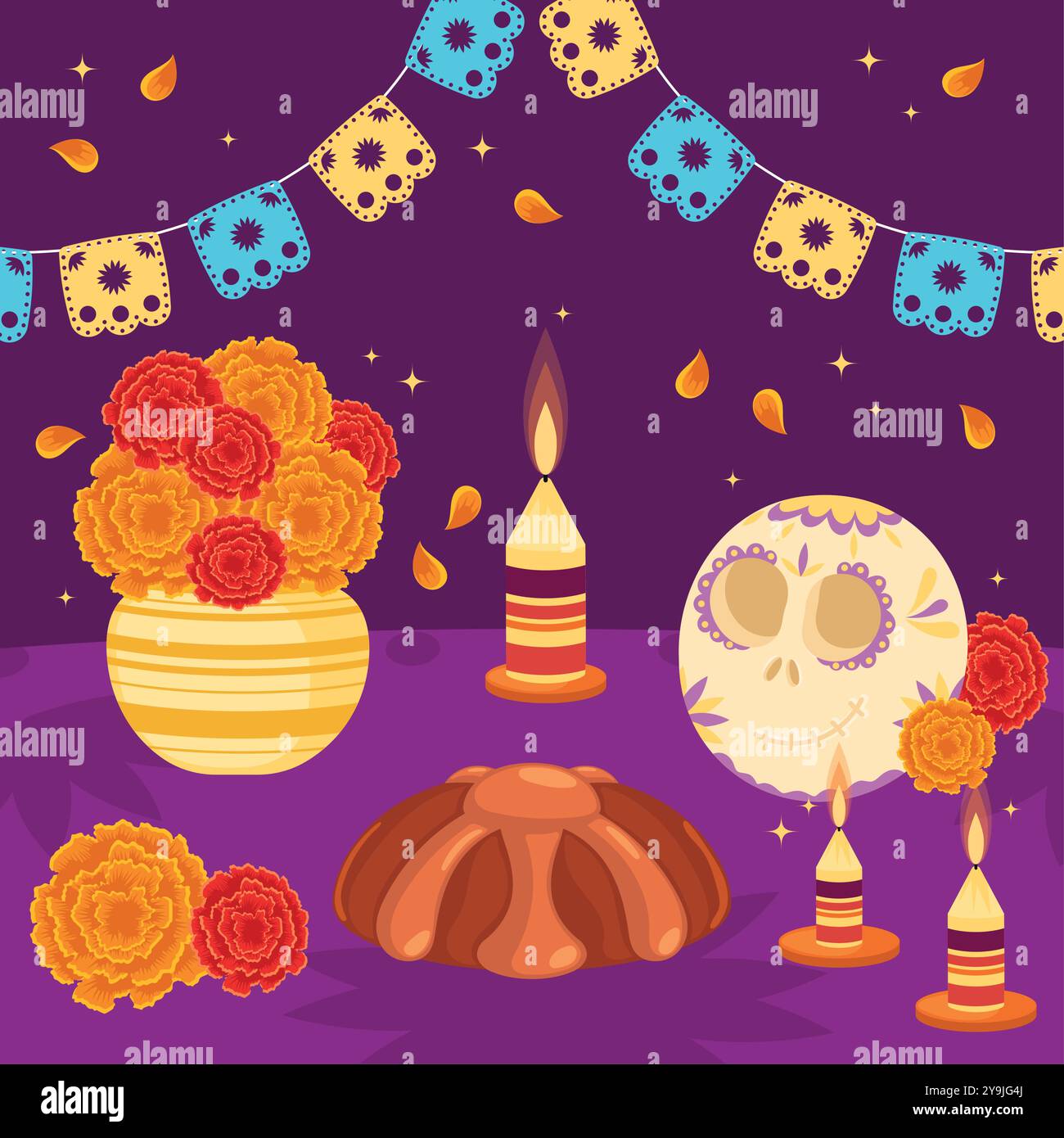 Dia de los Muertos altar with marigold garlands and candles Vector ...