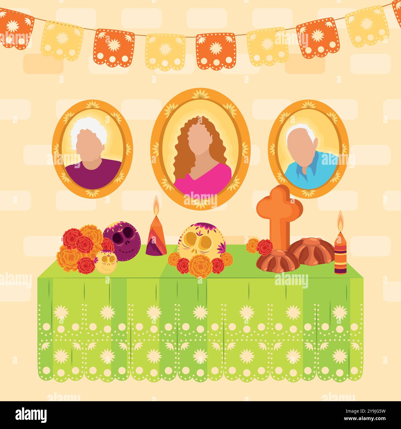 Dia de los Muertos offering with marigolds, skull, and candles Vector ...