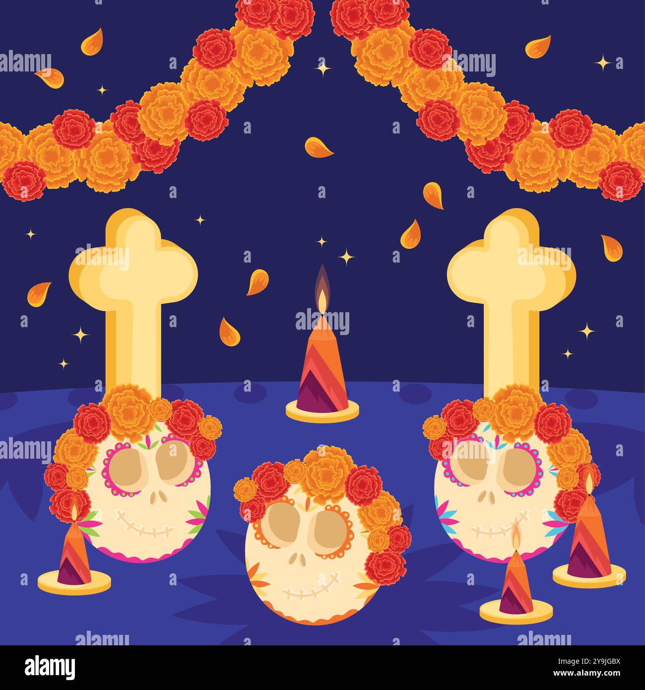 Dia de los Muertos altar with candles and sugar skulls Vector Stock ...