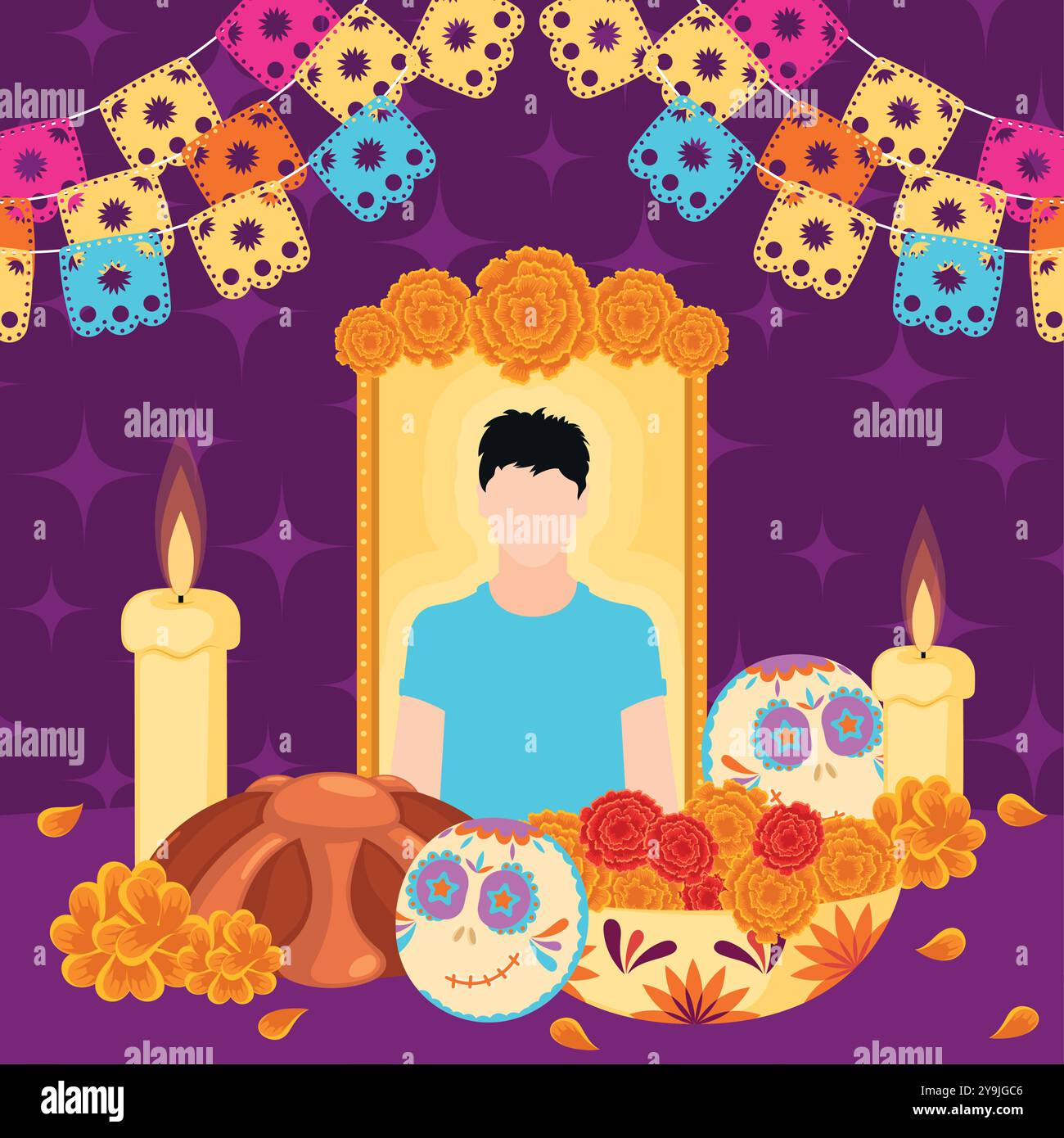 Dia de los Muertos altar with photo, candles, and flowers Vector Stock ...