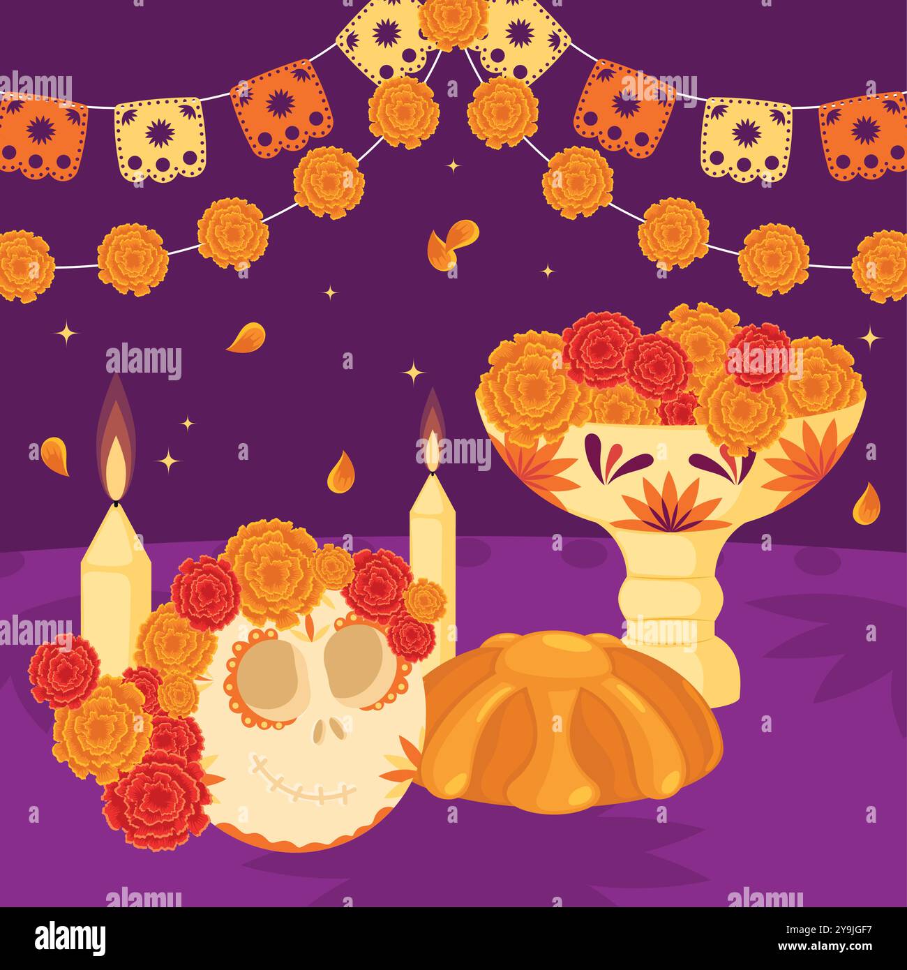 Dia de los Muertos altar with marigolds and sugar skulls Vector Stock ...