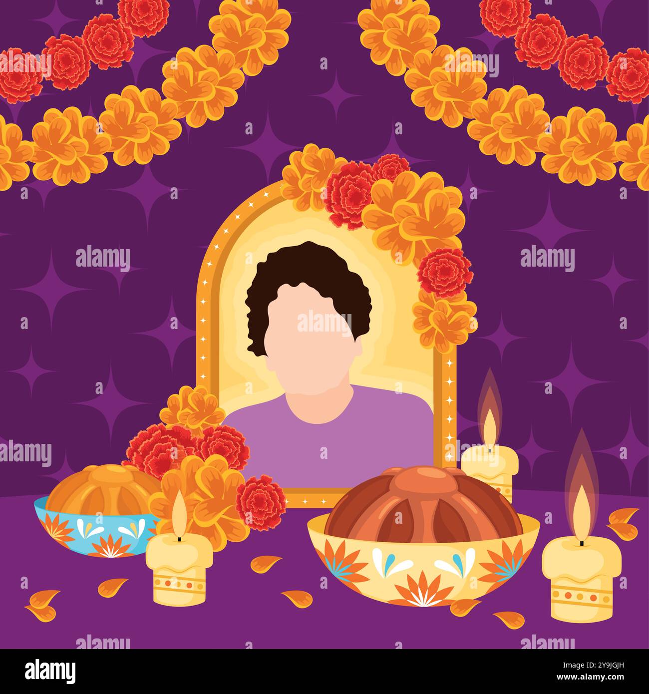 Dia de los Muertos altar with photo, marigolds, and candles Vector ...