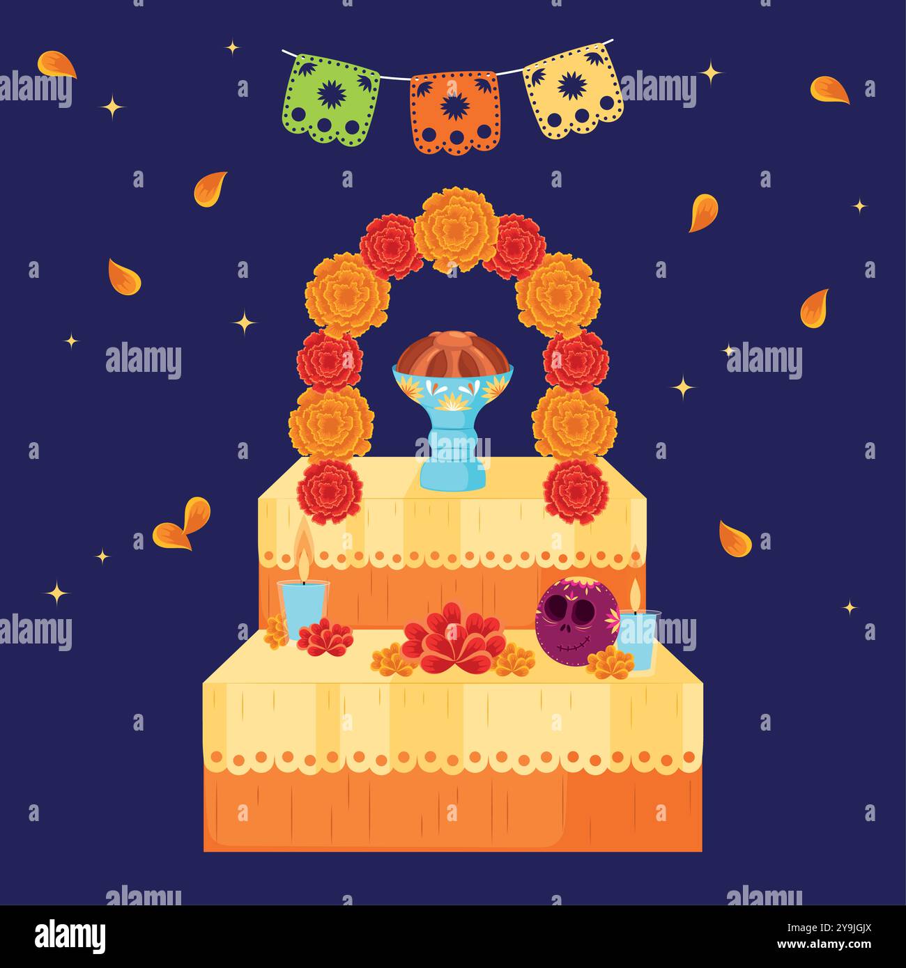 Dia de los Muertos altar with marigold flower arch and candles Vector ...