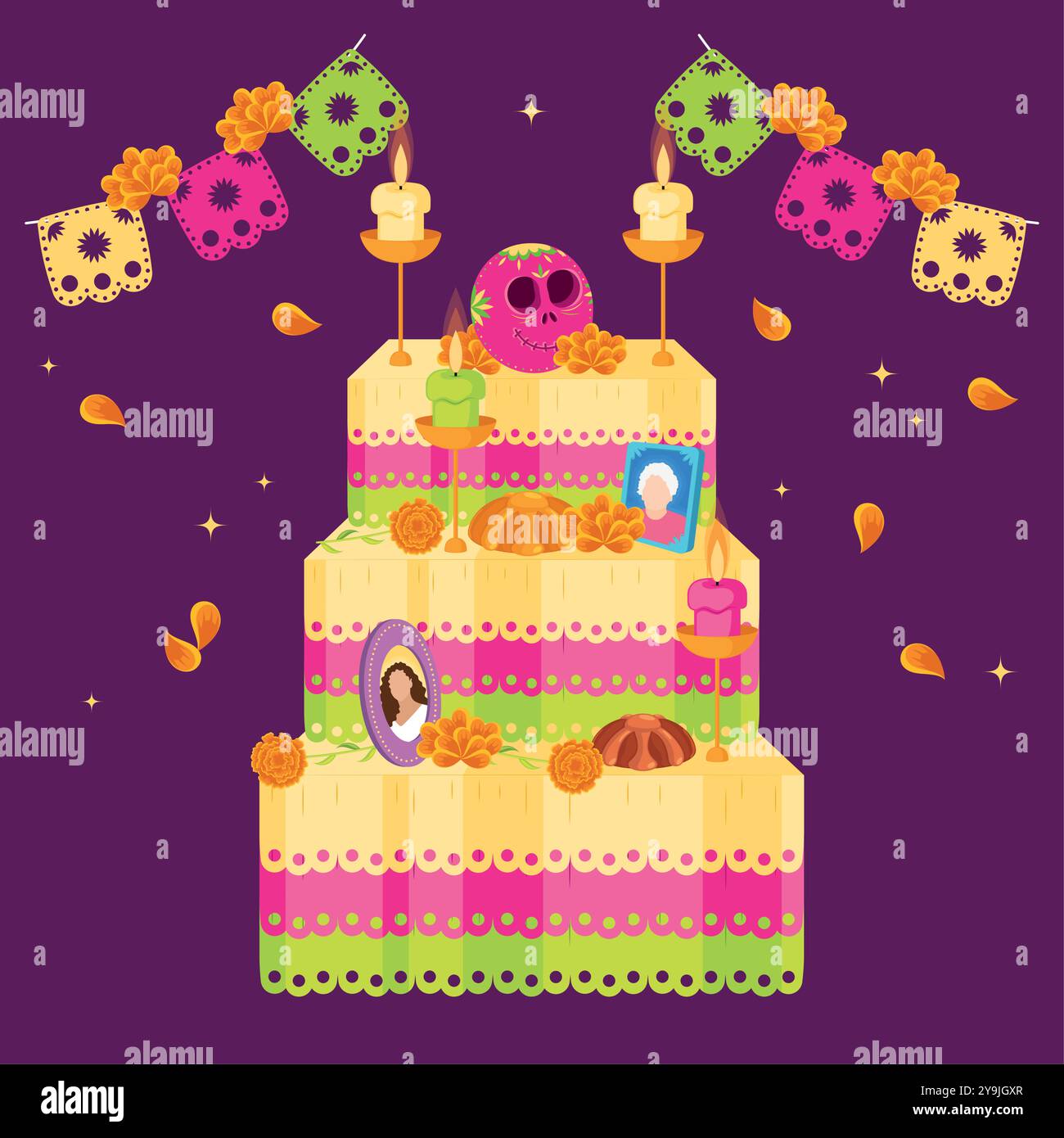 Dia de los Muertos altar with colorful decorations and candles Vector ...