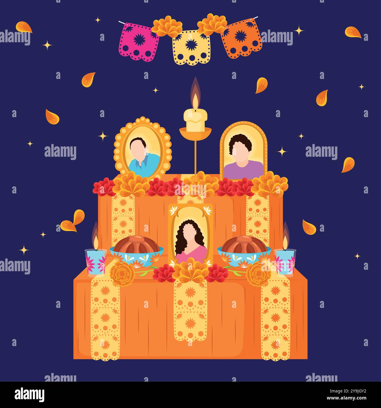 Dia de los Muertos altar with photos, candles, and marigold flowers ...