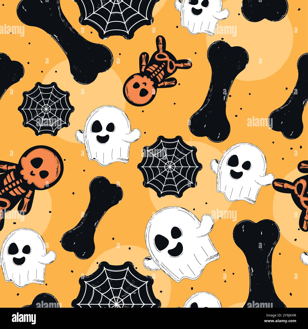 Halloween pattern with ghosts, spider webs, and skeletons Vector Stock ...