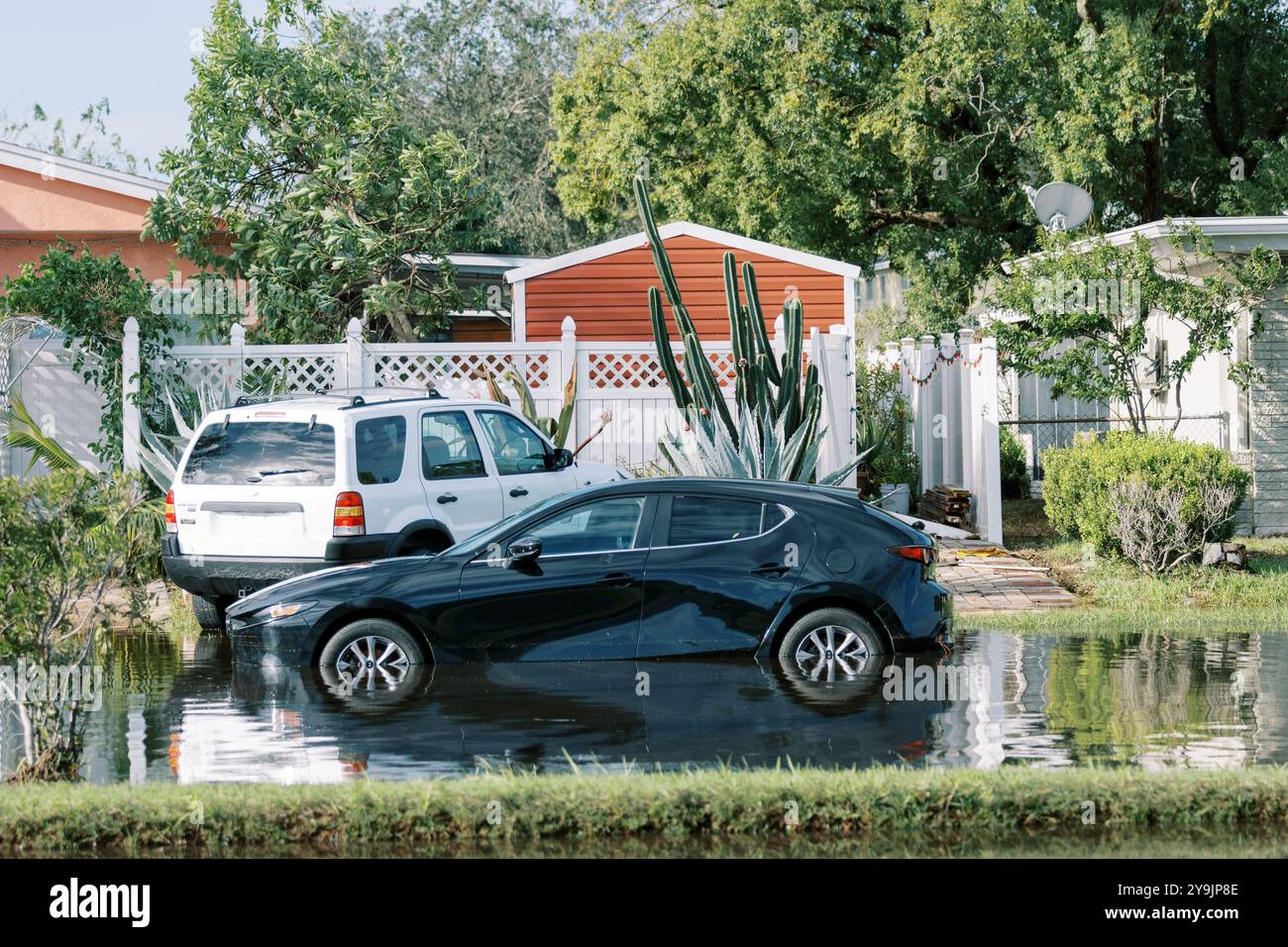 Tampa, Florida, USA. 10th October, 2024. Cars sit in a flooded road in ...