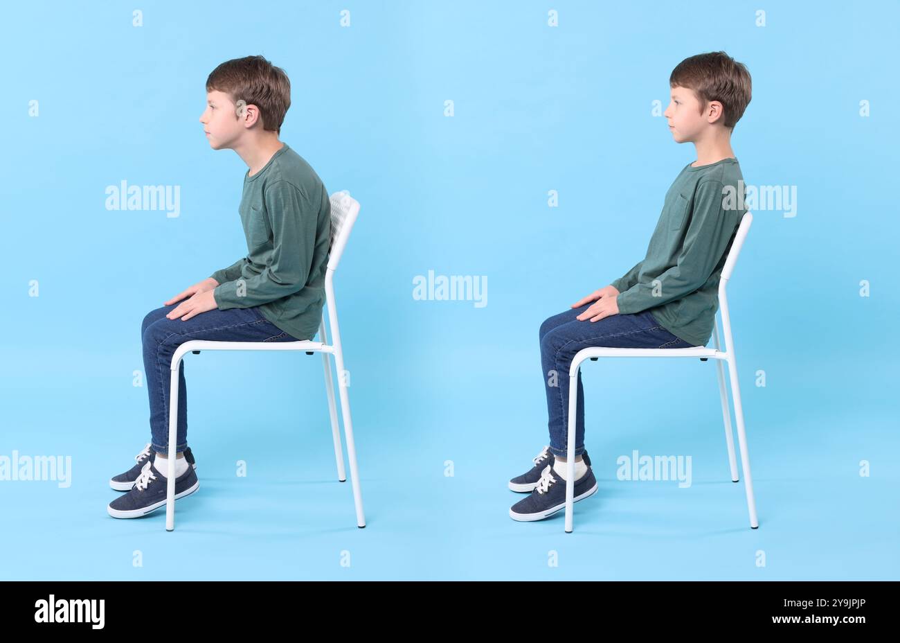 Good and bad posture, collage. Boy sitting on chair against on light ...