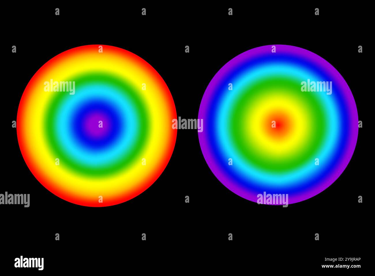 Two colorful concentric circles with gradient rainbow colors on a black ...
