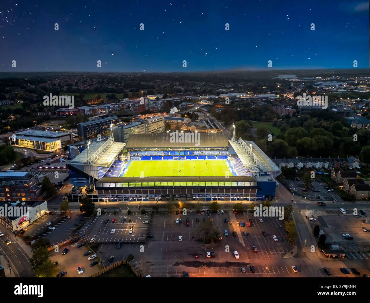 An aerial view of Portman Road, home of Ipswich Town FC, at night in ...