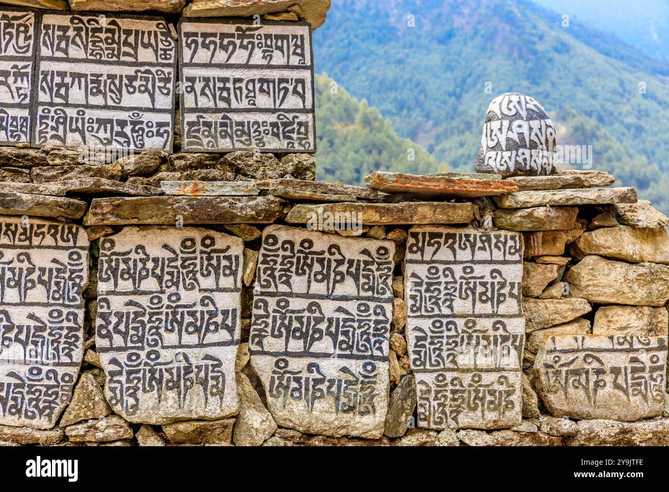 Mani stones with sacred symbols in Nepal Himalaya mountains standing ...