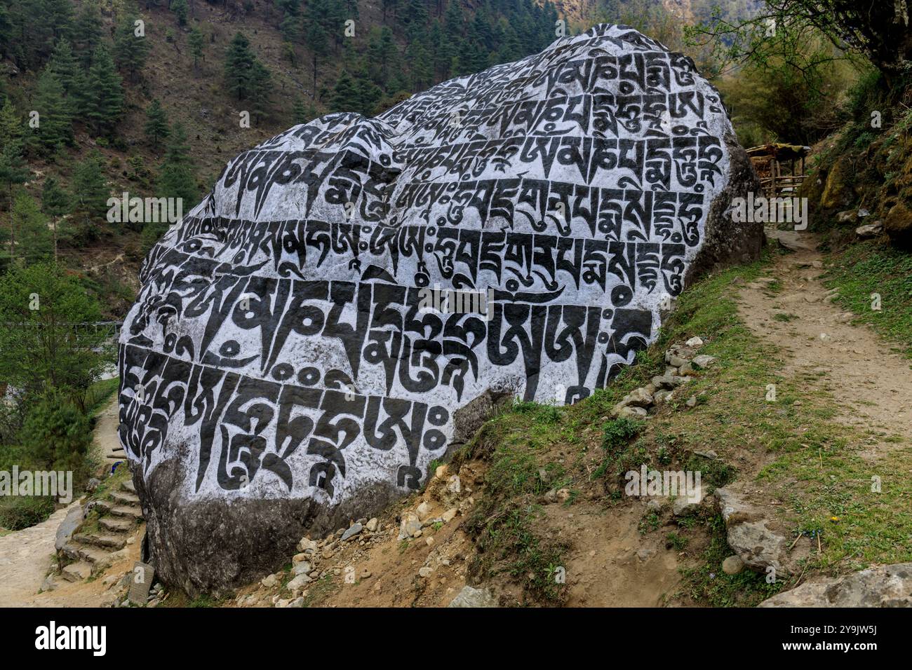 Mani stones with sacred symbols in Nepal Himalaya mountains standing ...