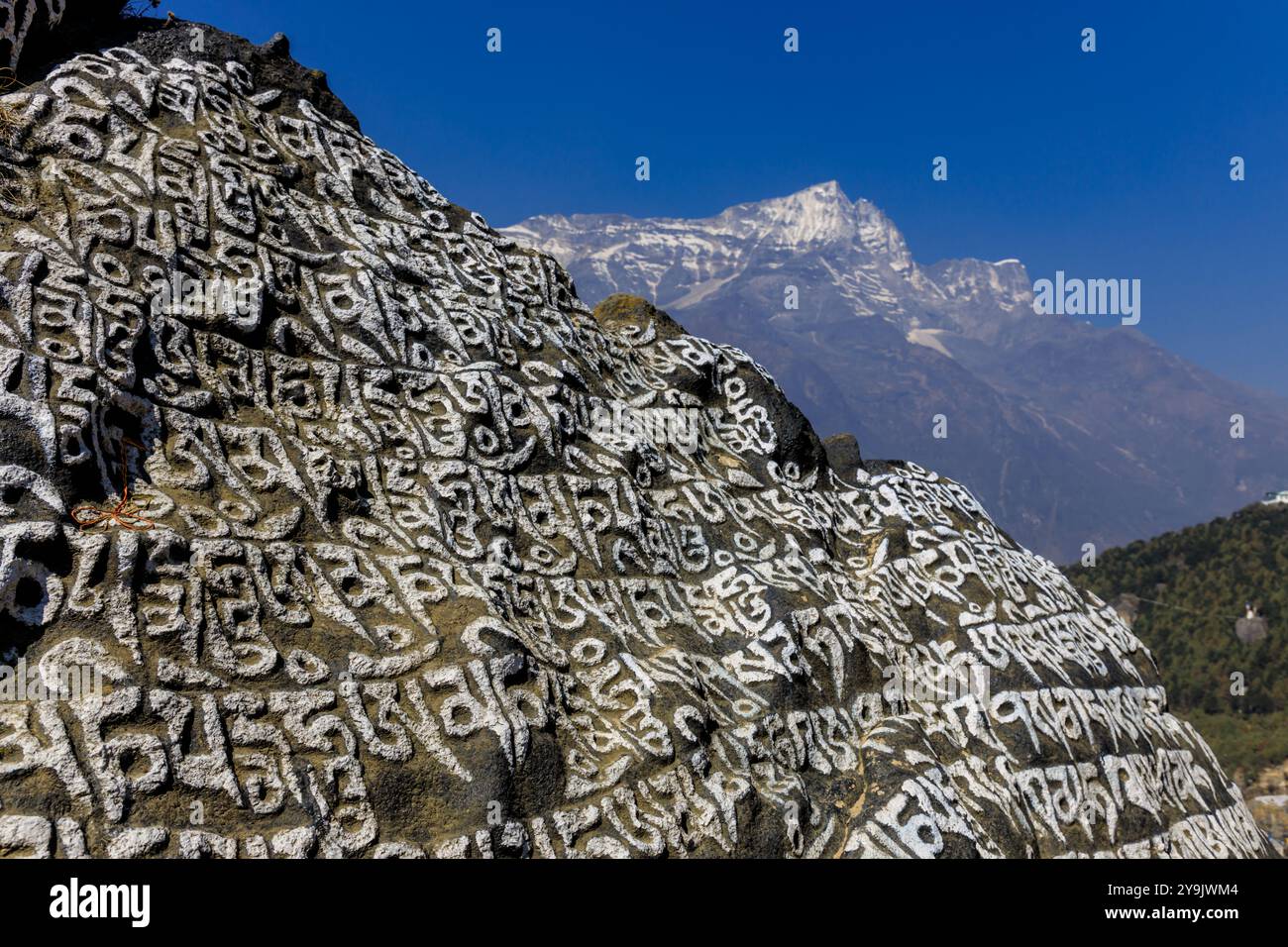 Mani stones with sacred symbols in Nepal Himalaya mountains standing ...