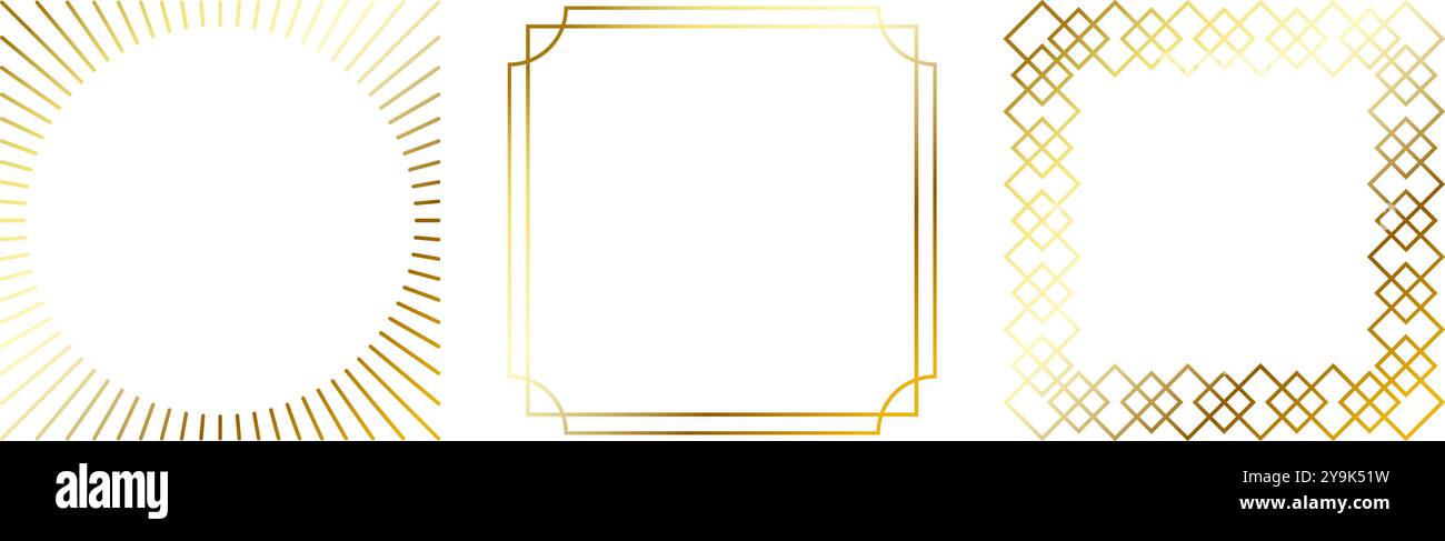 Golden thin frames set. Gold square borders in art deco style. Thin ...
