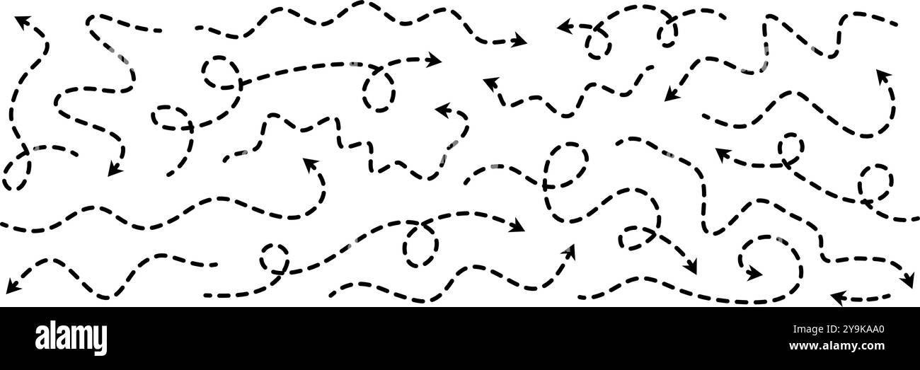 Comic dotted thin arrow set. Wavy and curved dashed pointer collection ...