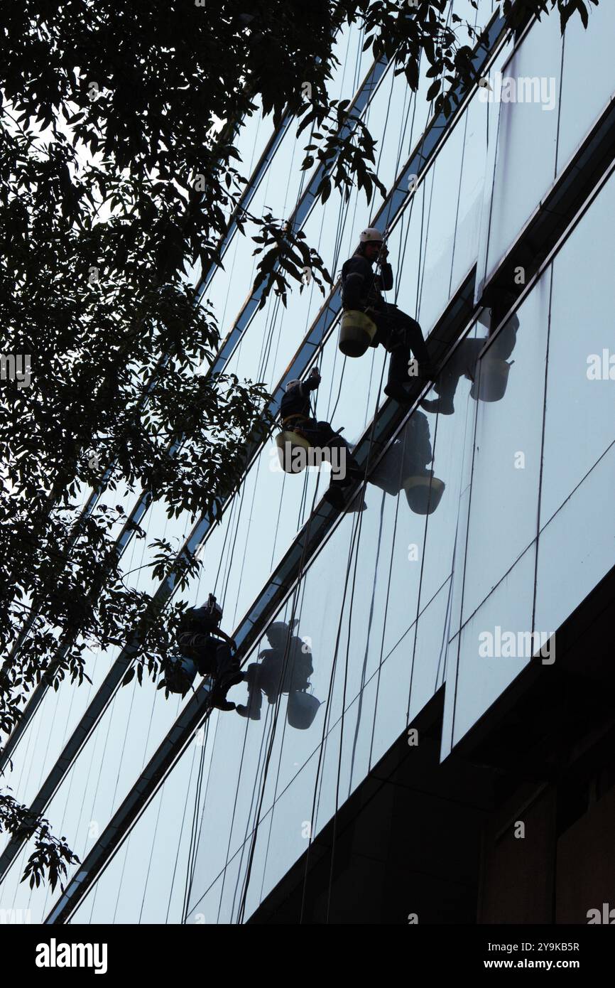 Three window cleaners in the heights. Men cleaning the external windows ...