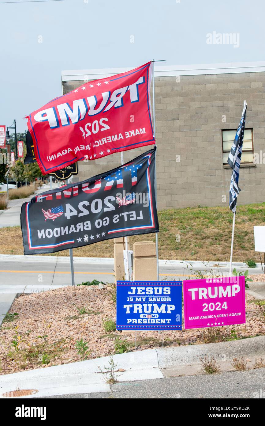 Red Wing, Minnesota. Trump flags blowing in the wind with signs Stock ...