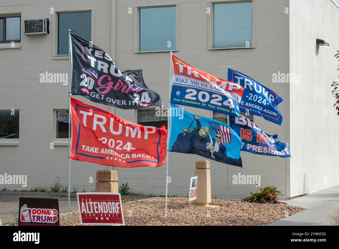 Red Wing, Minnesota. Group of Trump flags blowing in the wind with ...