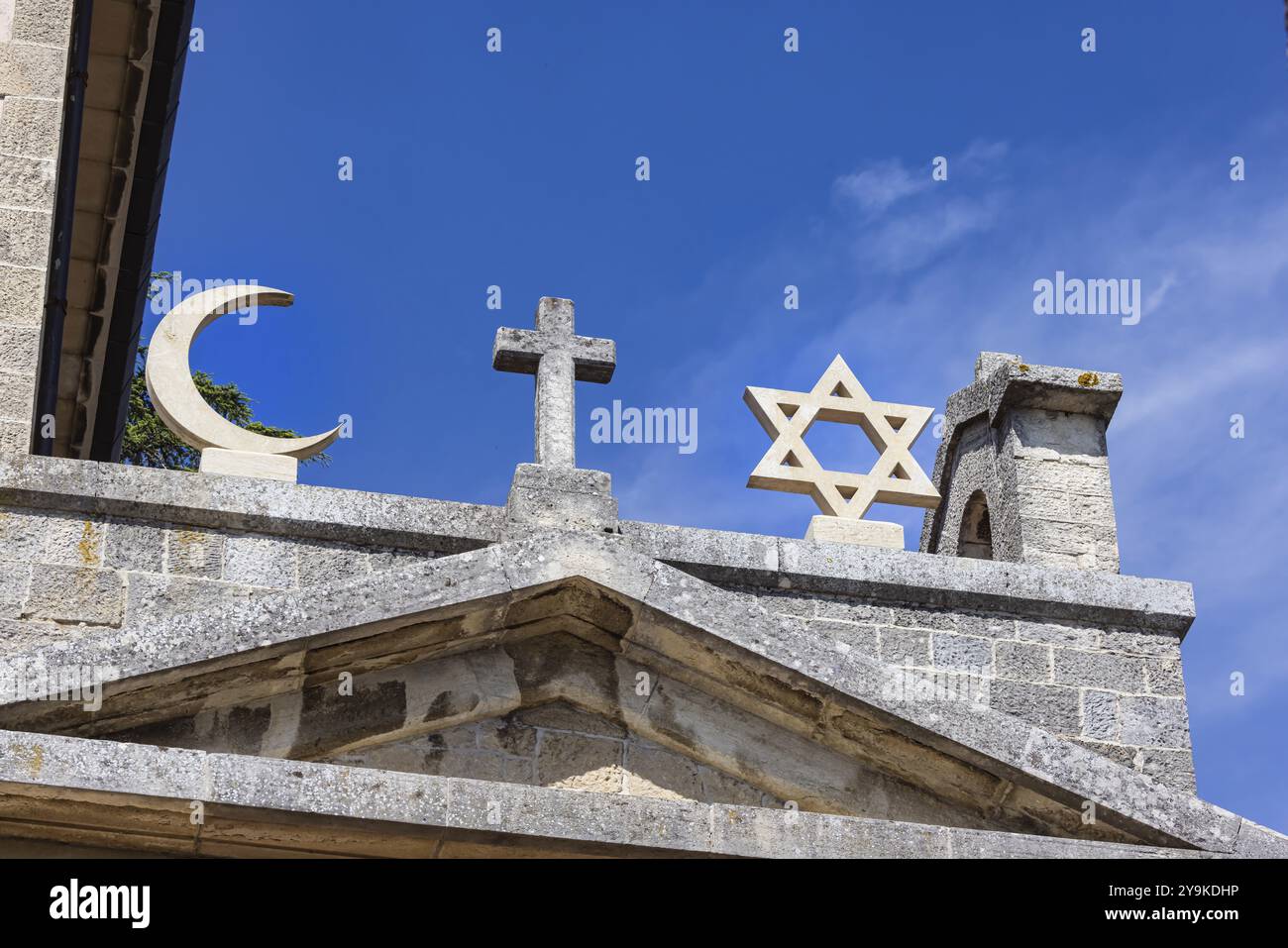 Cross of Christianity, crescent of Islam, Star of David of Judaism ...