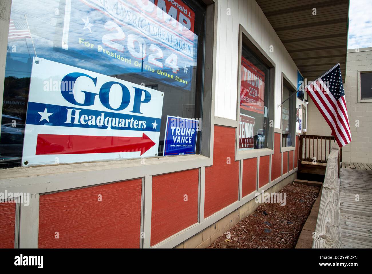 Red Wing, Minnesota. American flag and Trump-Vance signs outside Trump ...