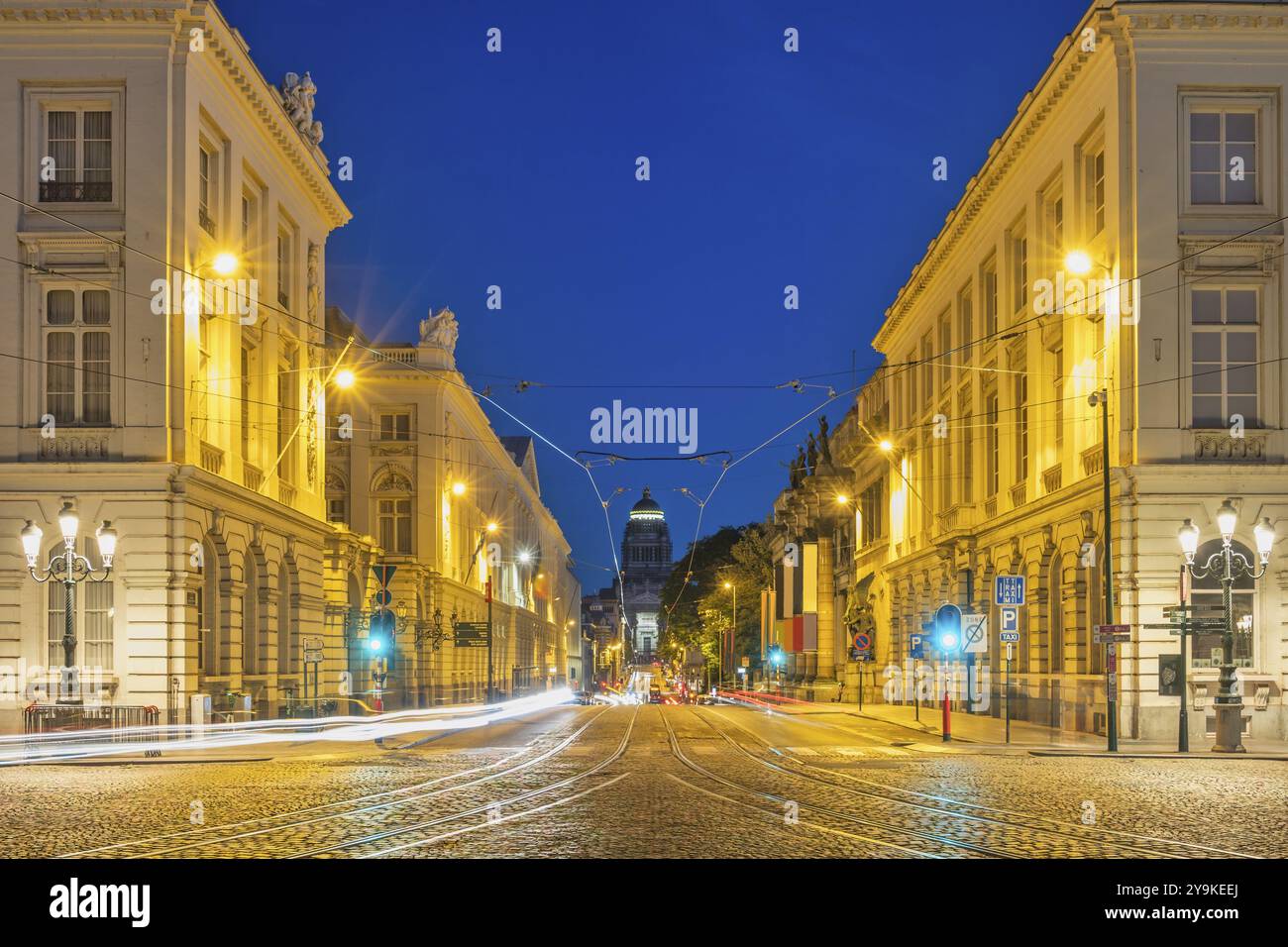 Brussels Belgium, night city skyline at Law Courts of Brussels (Palais de Justice) with traffic ...