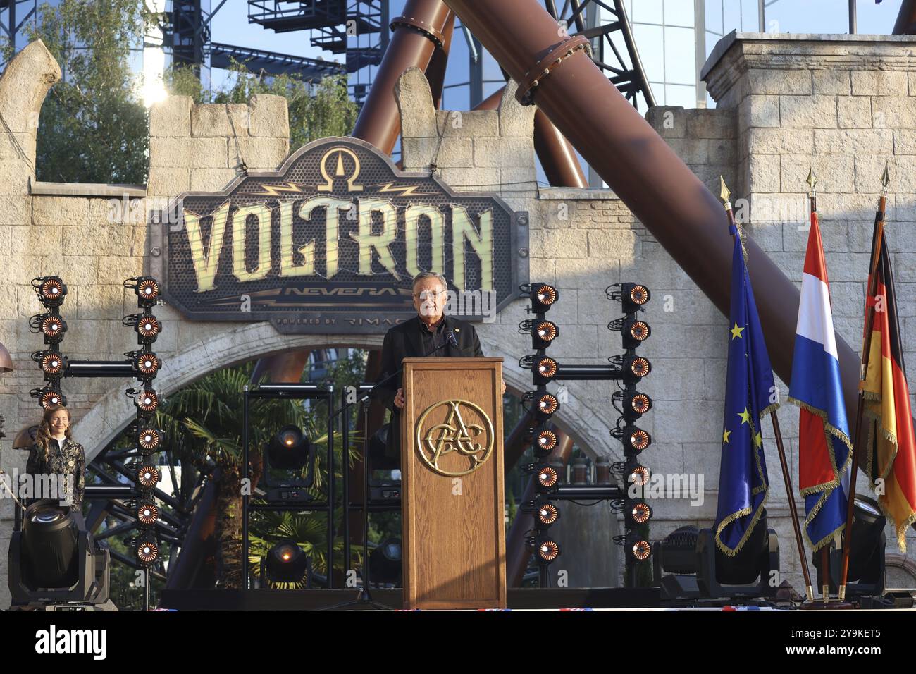 Roland Mack (Europapark Rust) welcomes the guests of honour at the ...