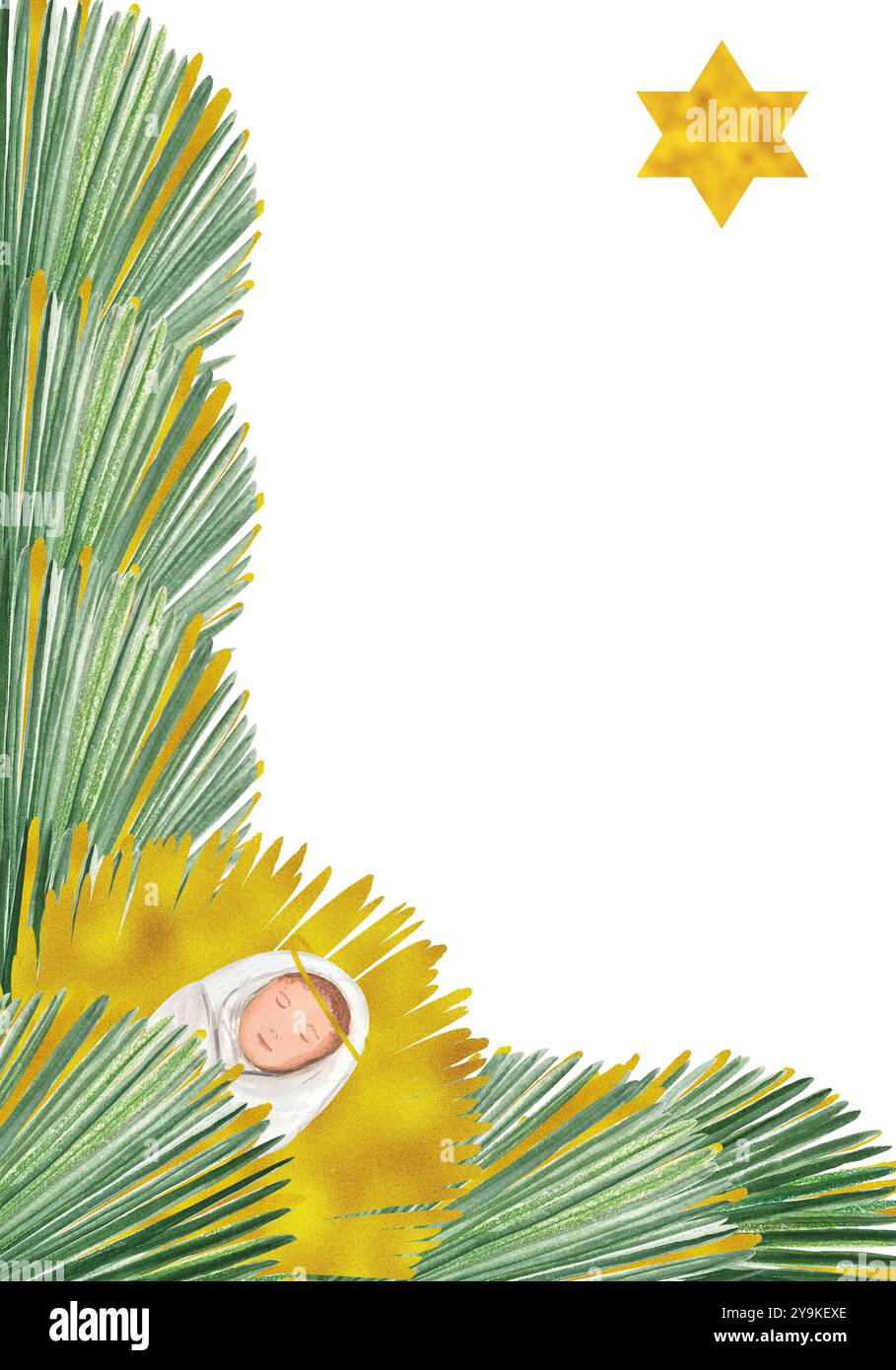 Wrapped baby Jesus golden star and palm leaves watercolor card isolated ...