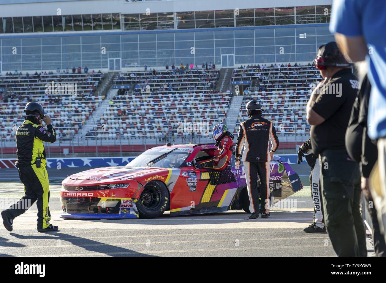 NASCAR Xfinty Series Justin Allgaier (7) gets out of his car after ...