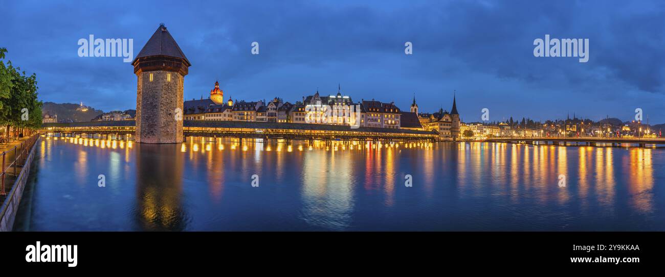 Lucerne (Luzern) Switzerland, night panorama city skyline at Chapel ...