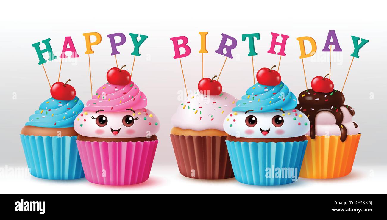 Birthday cupcake characters vector set design. Happy birthday cake ...