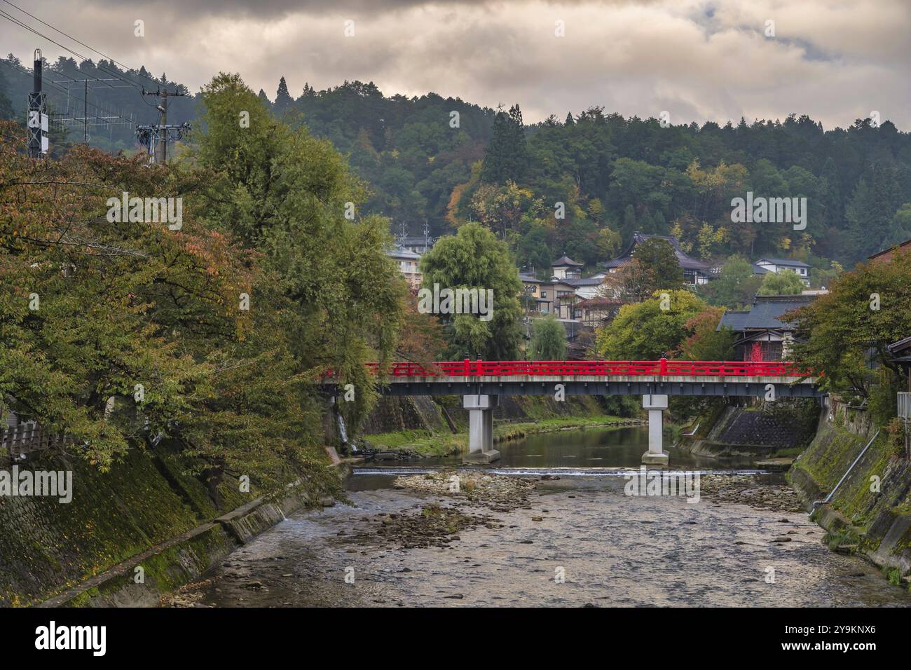 Takayama Japan, autumn landscape foliage at red Nakabashi bridge and ...