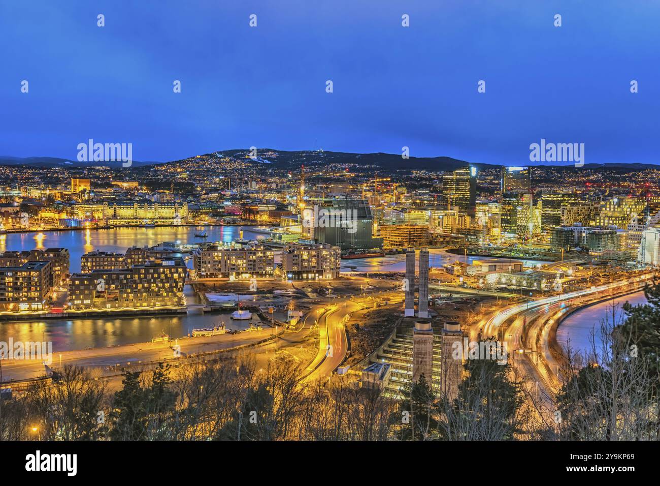 Oslo Norway, night city skyline at business district and Barcode ...